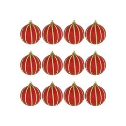 Mojawo Weihnachtsbaumklammer 12-tlg. Christbaumkugeln Streifen beflockt Glitzer Rot Ø 8cm