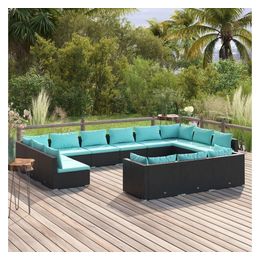 furnicato Garten-Essgruppe 13-tlg. Garten-Lounge-Set mit Kissen Schwarz Poly Rattan