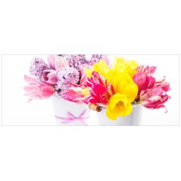 Wallario Acrylglasbild, Zwei Blumen-Bouquets aus gelben und roten Tulpen und Flieder