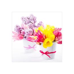Wallario Acrylglasbild, Zwei Blumen-Bouquets aus gelben und roten Tulpen und Flieder