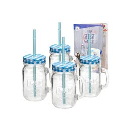 HIT Trading Glas 4er Set Glasbecher mit Henkel Deckel und Trinkhalm blau kariert 0
