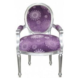 Casa Padrino Besucherstuhl Barock Salon Stuhl Lila Blumen Muster / Silber Mod2 Rund