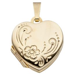 Schmuck Krone Kettenanhänger Medaillon Herz mit Blumen Anhänger zum Öffnen für 4 Fotos 333 Gold Gelbgold