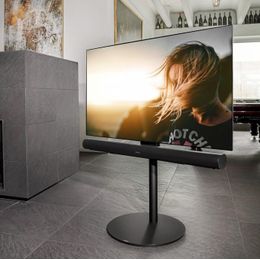 SPECTRAL Circle ist ein moderner wie auch edel anmutender TV-Stand mit drehbarer und höhenverstellbarer TV-Halterung. Stabile Sockelplatte aus Stahl mit satinierter Glasauflage. TV-Ständer