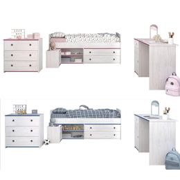 Kindermöbel 24 Komplettschlafzimmer Smoozy Parisot 4-tlg Bett + Nachtkommode + Schreibtisch + Kommode weiß