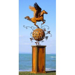 Casa Padrino Skulptur Luxus Stahl Garten Skulptur Pegasus Pferd auf Säule Rostfarben 103 x 108 x H. 218 cm