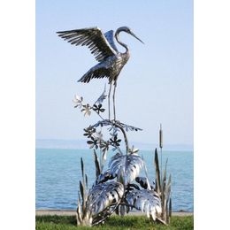 Casa Padrino Skulptur Luxus Edelstahl Garten Skulptur Reiher auf Ast Silber 103 x 108 x H. 218 cm