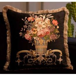 Casa Padrino Dekokissen Luxus Barock Samt Kissen Vase mit Blumen Schwarz / Mehrfarbig / Braun 45 x 45 cm