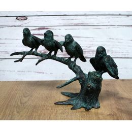 Bronzeskulpturen Skulptur Bronzefigur vier Vögel auf Ast sitzend Spatzen Gartendekoration