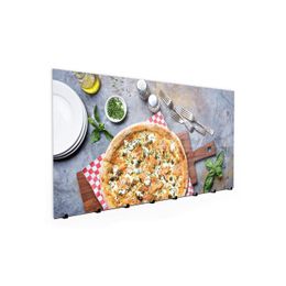 Primedeco Garderobenpaneel Magnetwand und Memoboard aus Glas Pizza auf Holzbrett