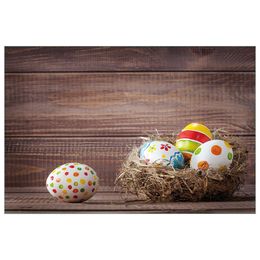 Wallario Küchenrückwand Bunte bemalte Eier an Ostern im Vorgelnest vor hölzerner Wand
