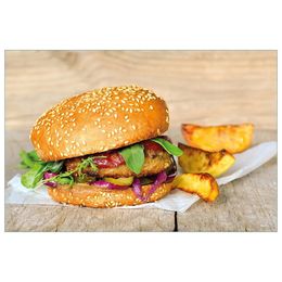 Wallario Küchenrückwand Burger mit frischem Salat und Pommes