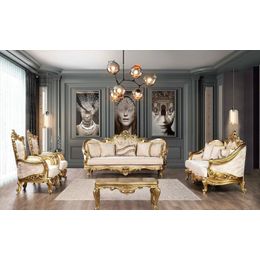 JVmoebel Wohnzimmer-Set Goldene Sofagarnitur Couch Set 5tlg mit Couchtisch Chesterfield Barock