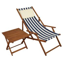 ERST-HOLZ Gartenliege Liegestuhl blau-weiß Strandstuhl Tisch Kissen Gartenliege Sonnenliege