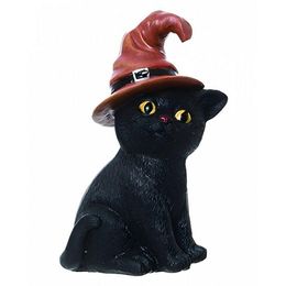 Horror-Shop Dekoobjekt Schwarze Halloween Katze mit Hexenhut als Dekofigu