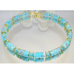 traumschmuck Kette ohne Anhänger 202n Halskette Perlen Walzen Glas Lampwork Murano Art türkisblau gold (Geschenk