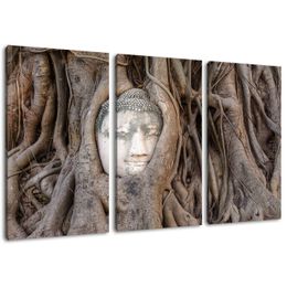 Pixxprint Leinwandbild Buddha Kopf im Baum