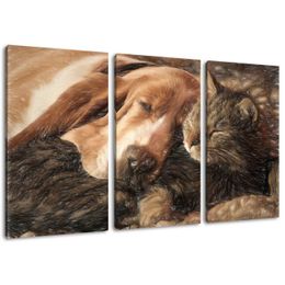 Pixxprint Leinwandbild Katze und Hund kuschelnd