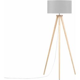 Beliani Stehlampe Grau Holz 140 cm runder Stoffschirm Dreibeinig langes Kabel mit Schalter Modernes Design - Heller Holzfarbton
