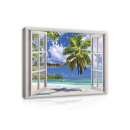 Wallarena Leinwandbild Fensterblick Strand Palm Fenster Wandbild XXL Modern Canvas Wohnzimmer