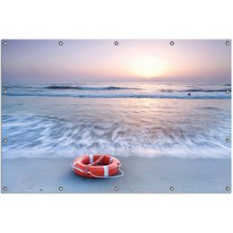 Wallario Sichtschutzzaunmatten Rettungsring am Strand bei Sonnenuntergang