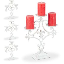 Relaxdays 4 x Kerzenständer, 3-armig, Kerzenhalter Stumpenkerzen, Shabby, Vintage, Gusseisen, HxBxT: 28,5 x 23 x 7,5 cm, weiß