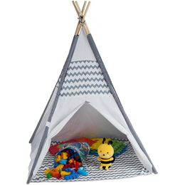 Tipi Zelt für Kinder, mit Boden, Kinderzimmer Zelt, Wigwam Kinderzelt, HxBxT: 150 x 120 x 120 cm, weiß-grau - Relaxdays