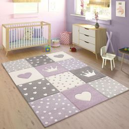 Kinderteppich Kinderzimmer Kariert Punkte Herzen Sterne In Pastell Lila Grau 133 cm Quadrat - Paco Home