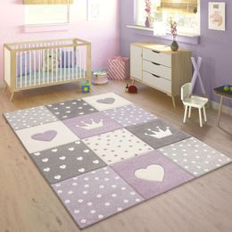 Paco Home - Kinderteppich Kinderzimmer Kariert Punkte Herzen Sterne In Pastell Lila Grau 133 cm Quadrat