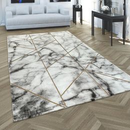 Teppich Wohnzimmer Kurzflor Modernes Marmor Design Geometrisch Grau Gold 160x230 cm - Paco Home