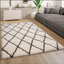 Teppich Wohnzimmer Creme Weiß Weich Groß Shaggy Flokati Rauten Muster Hochflor 160x230 cm - Paco Home
