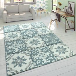 Designer Teppich Modern Konturenschnitt Pastellfarben Karo Orient Muster Blau 160x230 cm - Paco Home
