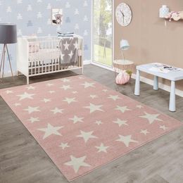 Paco Home - Moderner Kurzflor Kinderteppich Sternendesign Kinderzimmer Pastell Rosa Weiß 80x150 cm