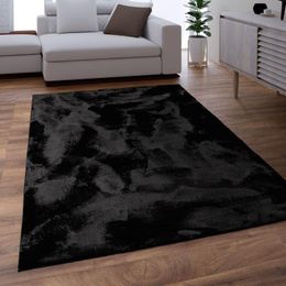 Teppich Wohnzimmer Kunstfell Shaggy Hochflor Waschbar In Waschmaschine Soft Uni Schwarz 80x150 cm - Paco Home