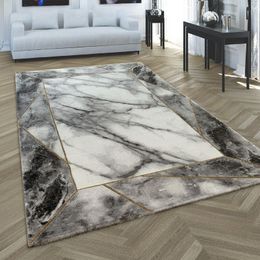 Paco Home - Teppich Wohnzimmer Kurzflor Marmor Design Bordüre Geometrisch Grau Gold 120x170 cm