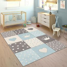 Kinderteppich Teppich Kinderzimmer 3D Konturenschnitt Kariert Punkte Herzen Sterne Pastell Blau 120x170 cm - Paco Home