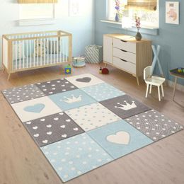 Kinderteppich Teppich Kinderzimmer 3D Konturenschnitt Kariert Punkte Herzen Sterne Pastell Blau 160x230 cm - Paco Home