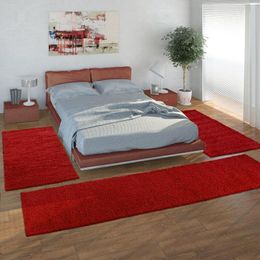 Bettumrandung Läufer Shaggy Hochflor Langflor Teppich in Rot Läuferset 3Tlg. 2mal 70x140 1mal 70x250 - Paco Home