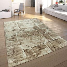 Teppich Wohnzimmer Kurzflor Modern Meliert Steinoptik Mauer Muster Braun 120x170 cm - Paco Home