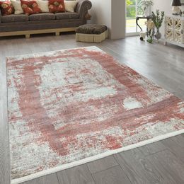 Kurzflor Teppich Rot Beige Wohnzimmer Abstraktes Karo Design Used Look Viereck 80x150 cm - Paco Home