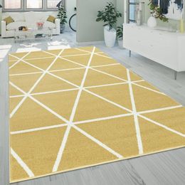 Kurzflor Wohnzimmer Teppich Modern Geometrisches Design Rauten Muster In Gelb 200x280 cm - Paco Home