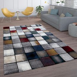 Paco Home - Teppich Wohnzimmer Modern Kurzflor Vintage Karo Würfel Muster Grau Creme Rot Blau 200x290 cm