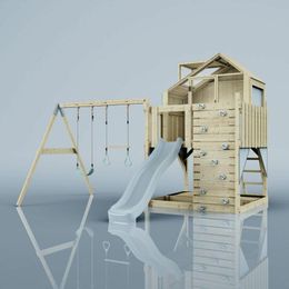 Rebo Spielturm mit Spielhaus inkl. Wellenrutsche und 2x Kinder-Schaukel Outdoor Klettergerüst Garten, Ausführung: Trapezstange, Farbe: Eisblau - Blau