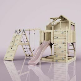 Rebo Outdoor Spielturm mit Wellenrutsche Spielhaus aus Holz mit Kletterwand, Kletternetz, Ausführung: Kinderschaukel, Farbe: Altrosa - Rosa