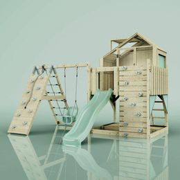 Rebo Outdoor Spielturm mit Wellenrutsche Spielhaus aus Holz mit Kletterwand, Kletternetz, Ausführung: Babyschaukel, Farbe: Mintgrün - Grün