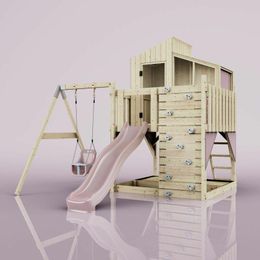 Rebo Spielturm mit Spielhaus inkl. Wellenrutsche Outdoor Klettergerüst Garten Kletterwand und Kletterleiter, Ausführung: Babyschaukel, Farbe: Altrosa