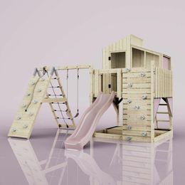 Rebo Outdoor Spielturm mit Wellenrutsche Spielhaus aus Holz mit Kinderschaukel, Kletterwand, Kletternetz, Ausführung: Kinderschaukel, Farbe: Altrosa