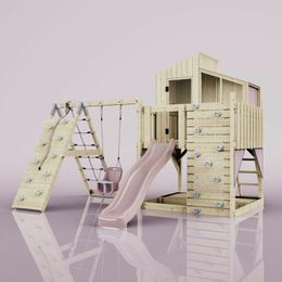 Rebo Outdoor Spielturm mit Wellenrutsche Spielhaus aus Holz mit Kinderschaukel, Kletterwand, Kletternetz, Ausführung: Babyschaukel, Farbe: Altrosa