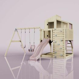 Rebo Spielturm mit Spielhaus mit Wellenrutsche Outdoor Klettergerüst Garten Kletterwand und Kletterleiter, Ausführung: Babyschaukel, Farbe: Altrosa