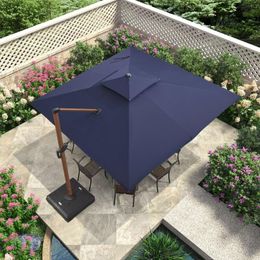 Garten Sonnenschirm, quadratischer Alu Holzoptik Ampelschirm Überhang mit Kurbelgriff und Neigung für Balkon 3.3 x 3.3 m UV50+, Navy Blau - Purple